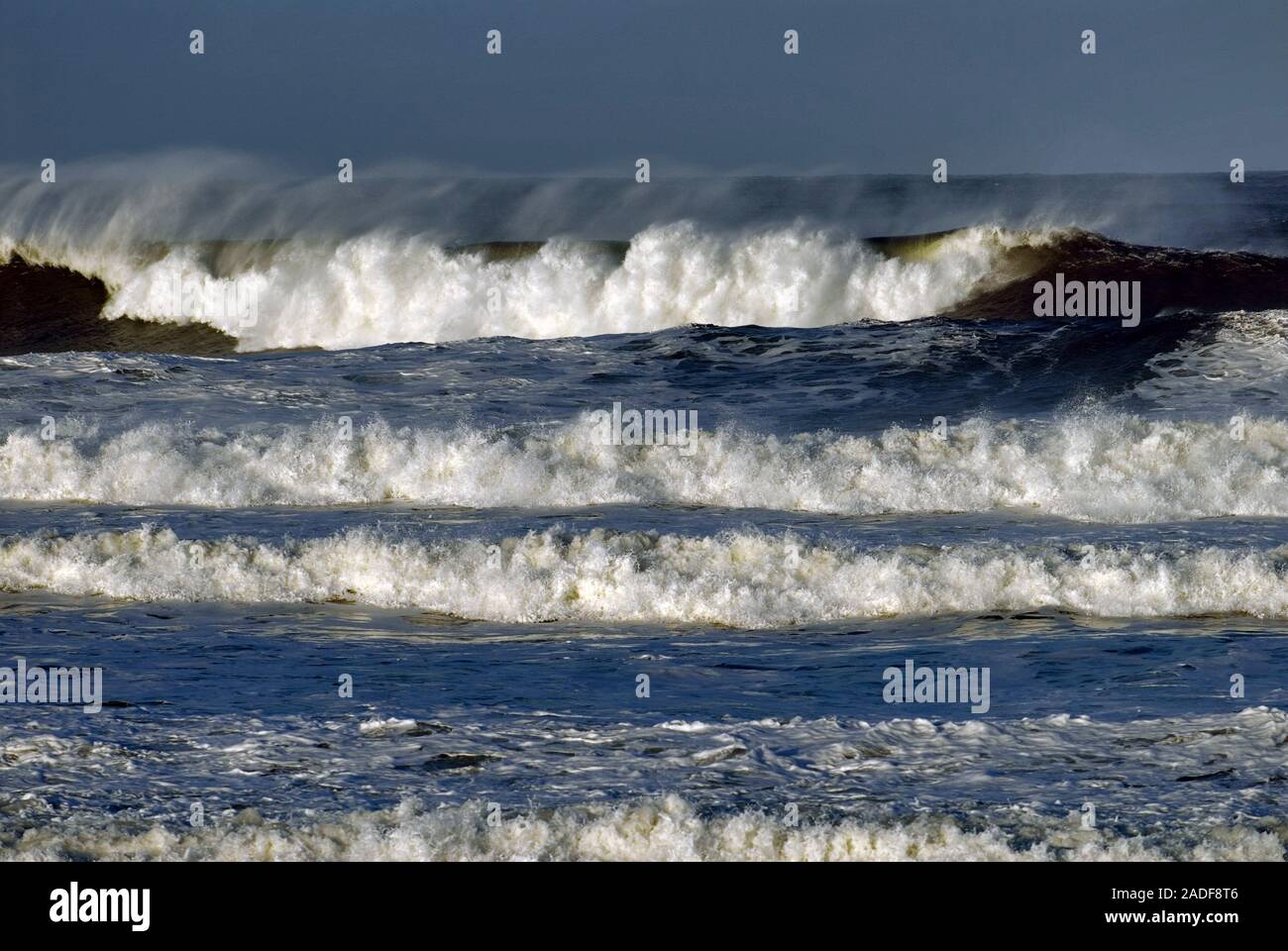 North Sea storm surge. Rough seas on the Bamburgh coast, Northumberland ...