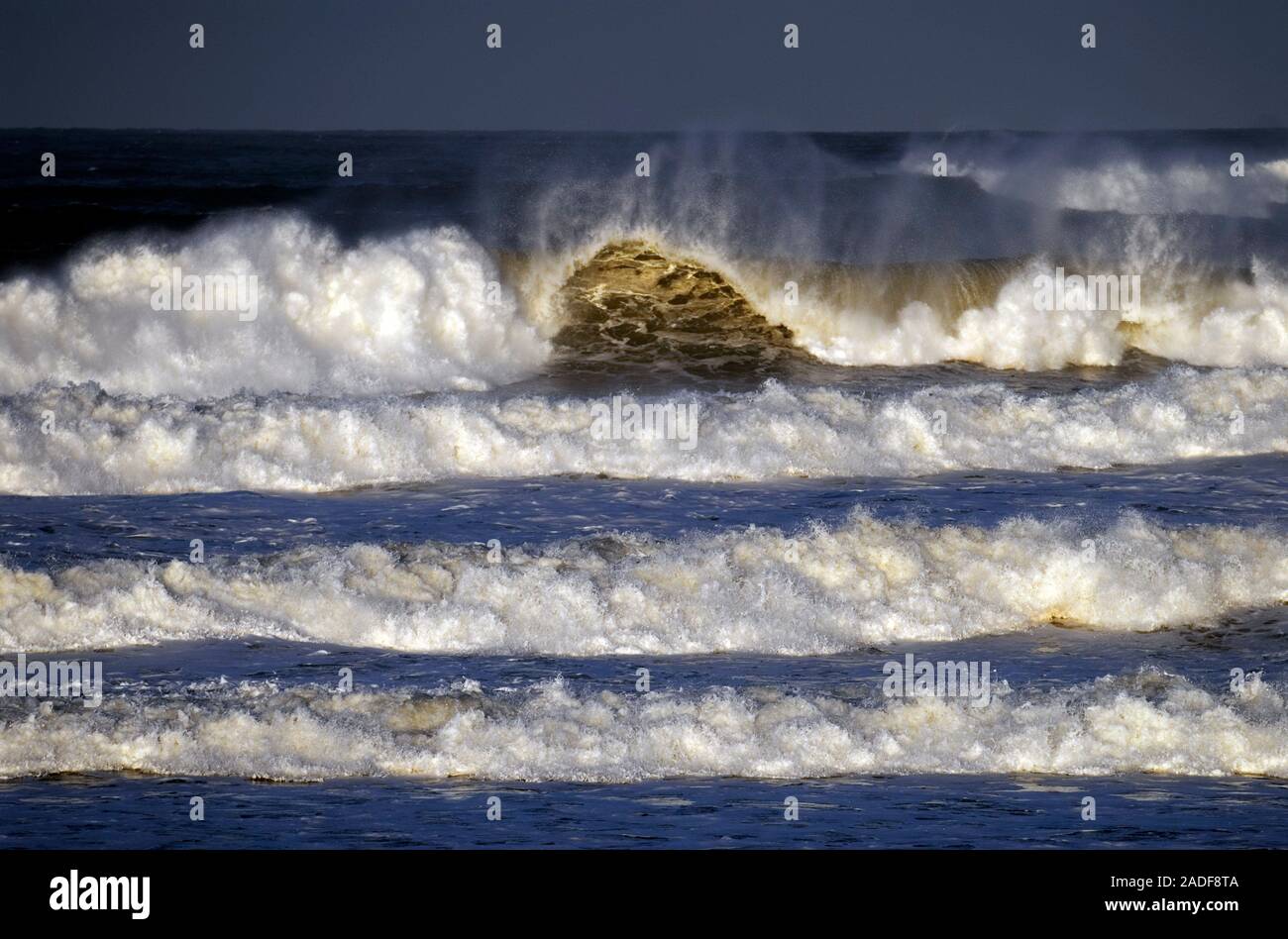 North Sea storm surge. Rough seas on the Bamburgh coast, Northumberland ...