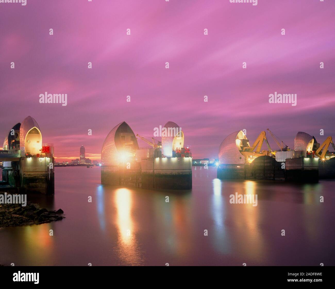 Thames Barrier at dusk. The Thames Barrier is the largest tidal river ...