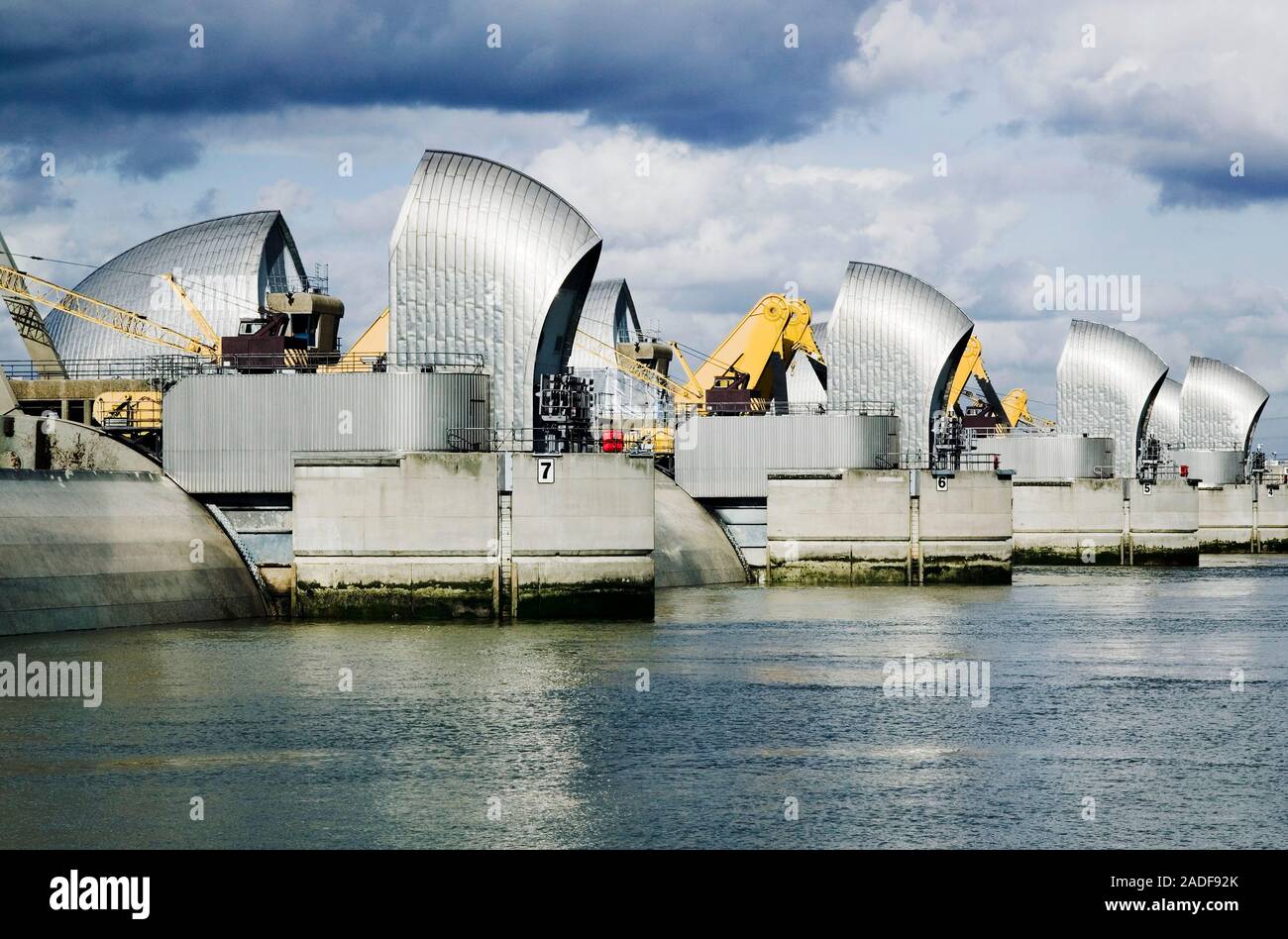 Thames flood barrier with gates closed. The gates are closed when there ...