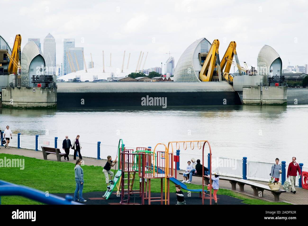 Thames flood barrier with gates closed. Viewed from the east. The gates ...