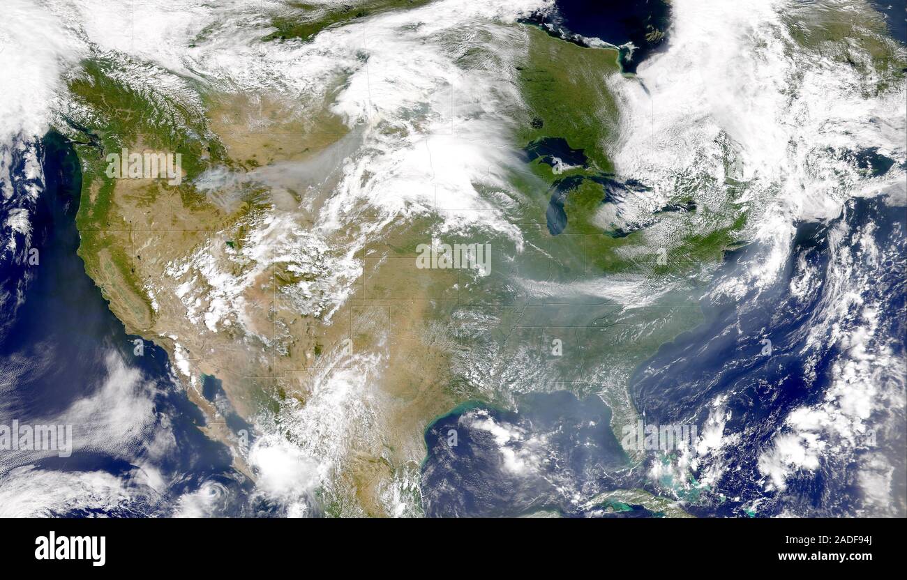 Forest fire. Satellite image of a plume of smoke (upper left) rising ...