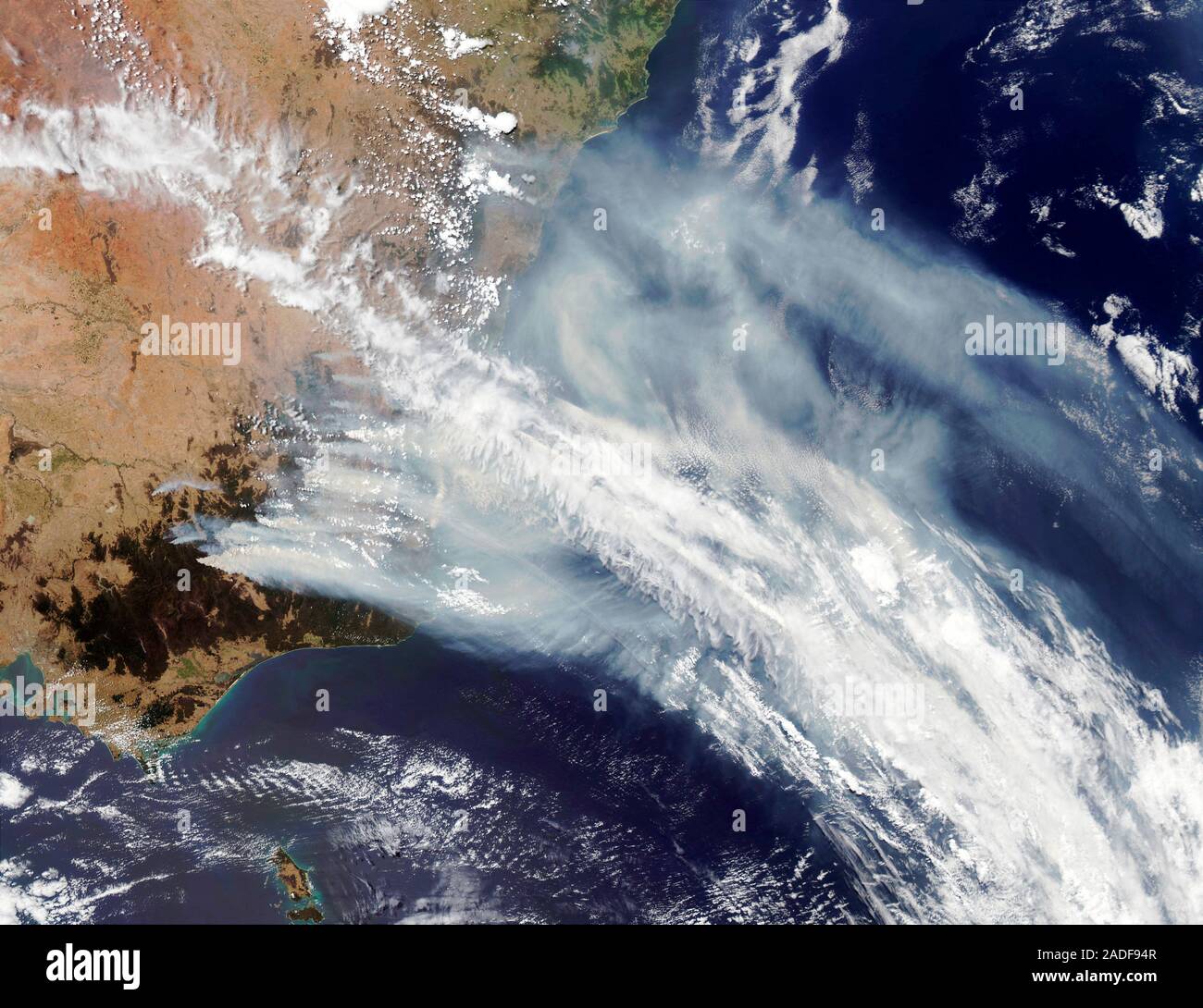 Bush fire smoke. Satellite image of smoke from bush fires in Australia ...