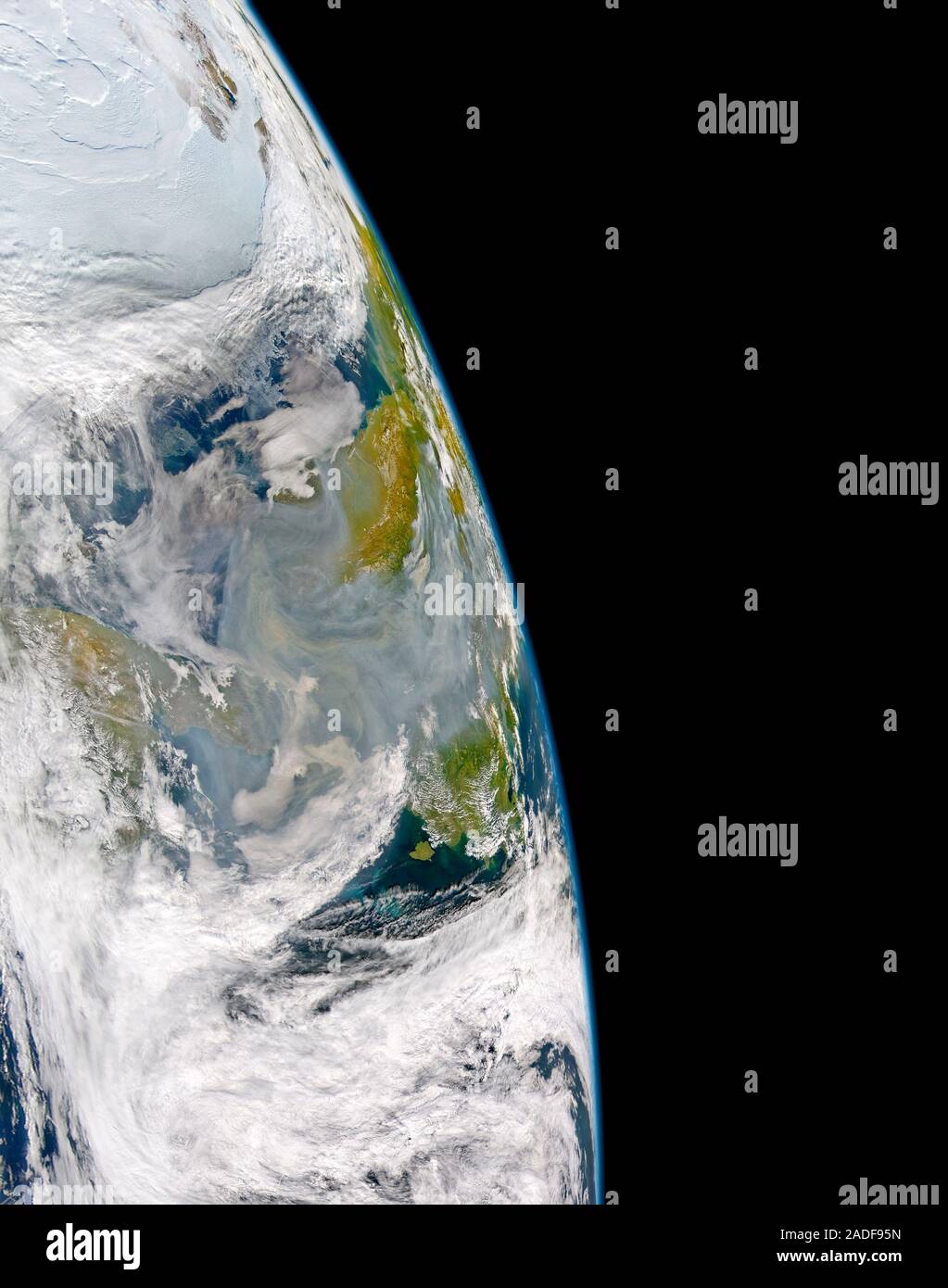 Alaskan wildfires. Satellite image of thick smoke (centre left ...