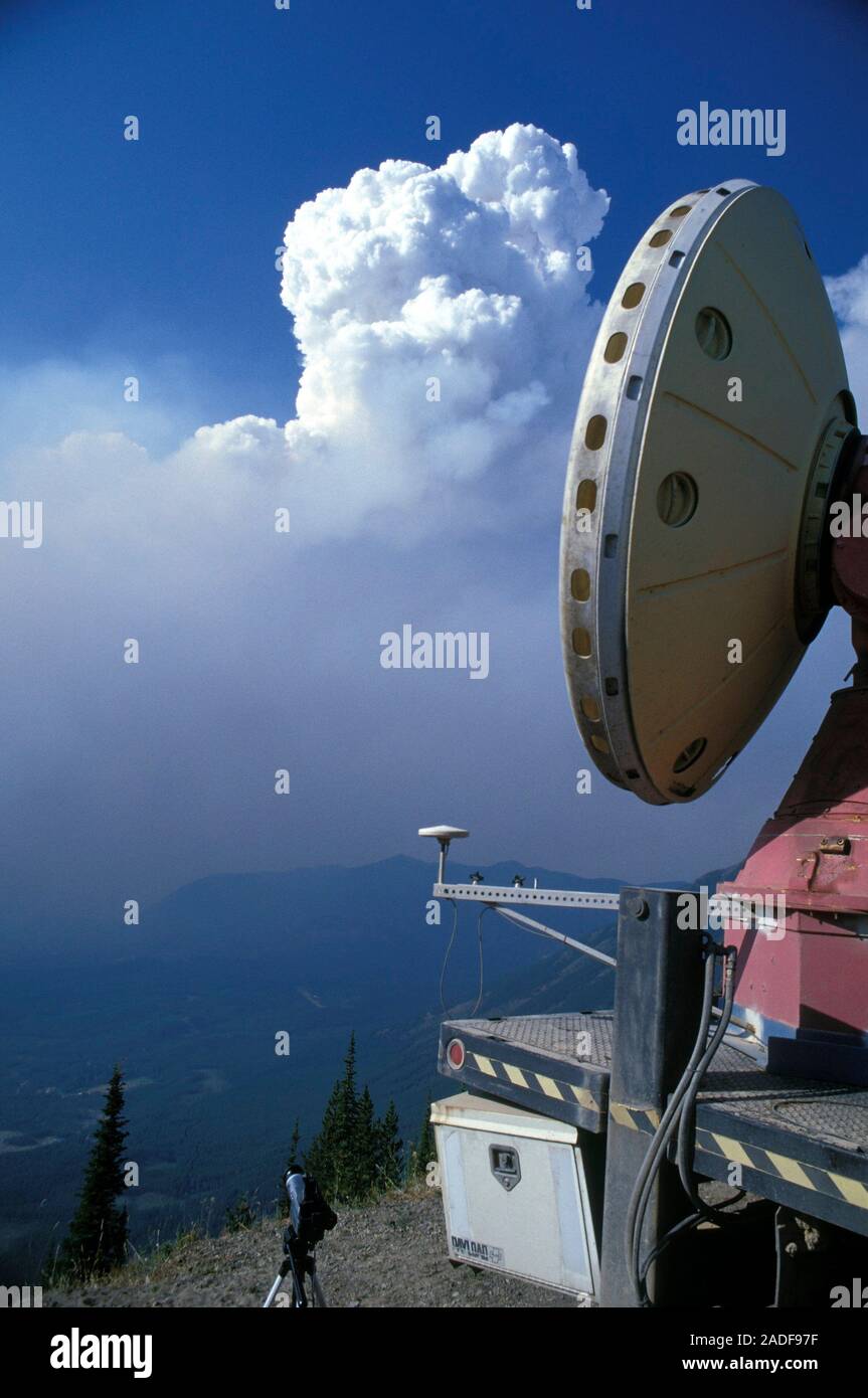 Forest fire monitoring. This mobile Doppler radar unit is being used to ...