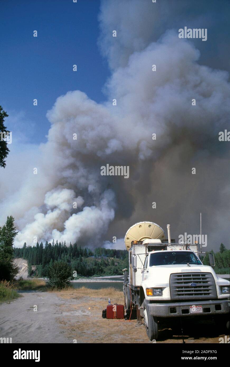 Forest fire monitoring. This mobile Doppler radar unit is being used to ...