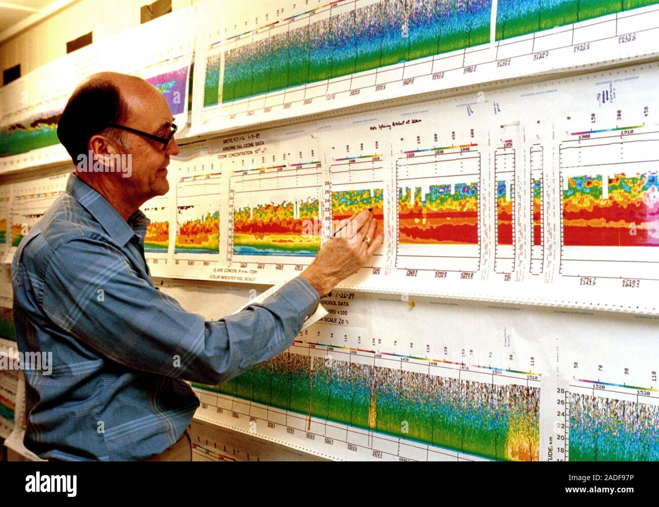 Arctic ozone hole research. NASA scientist examining laser ozone ...