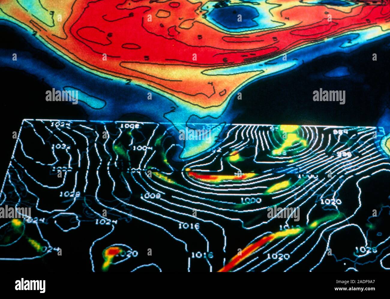 Storm research. Computer graphic showing weather patterns in three ...