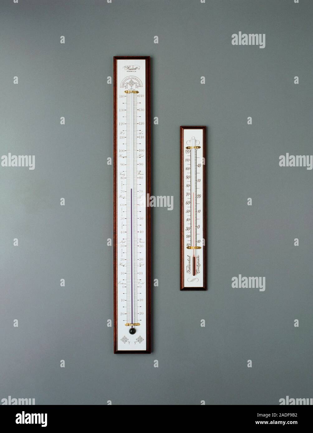 Thermometer. Two thermometers for measuring air temperatures. They are ...