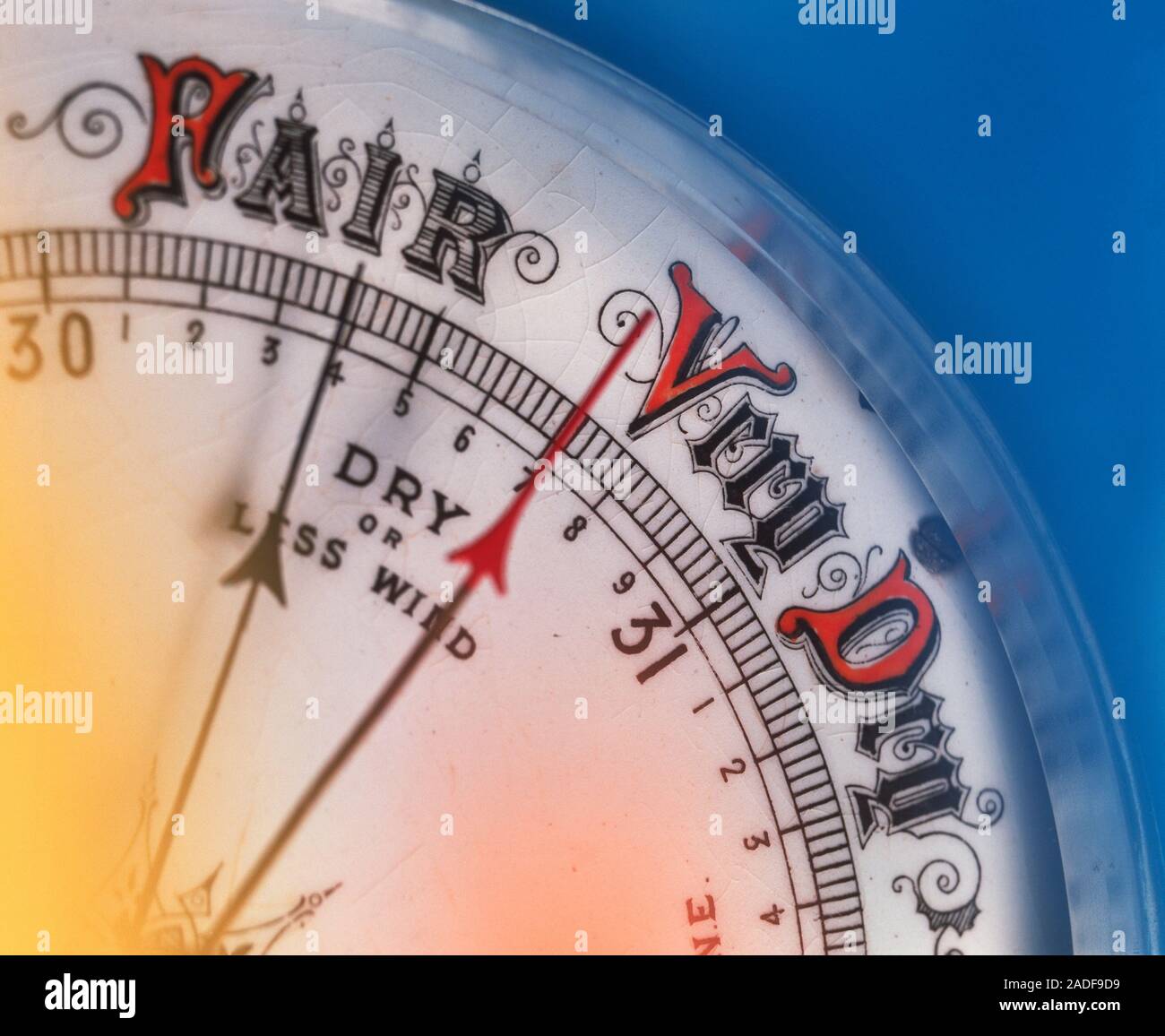 Barometer needle (red) pointing between fair and very dry weather. It ...