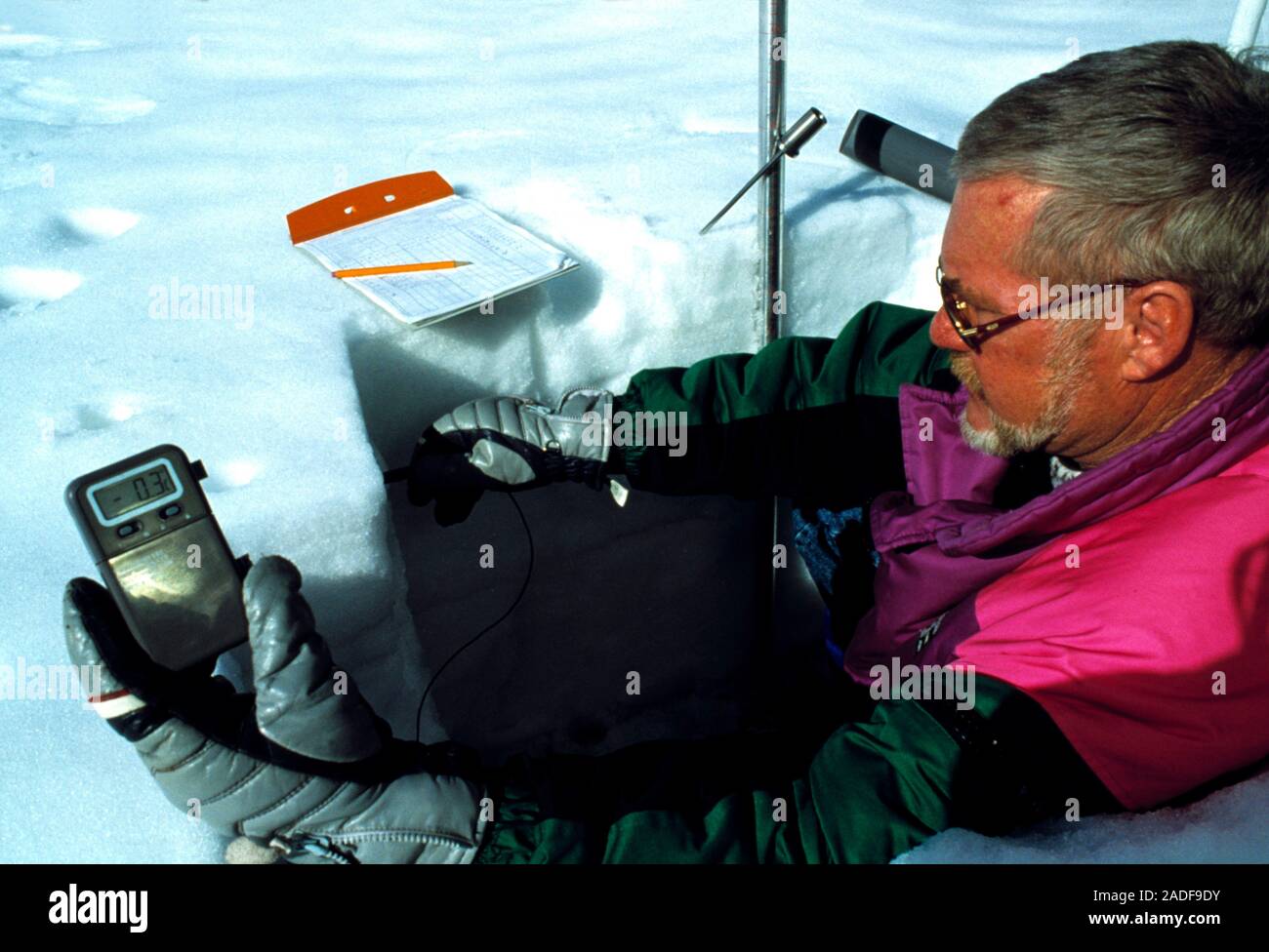 Measuring snow temperature. Researcher using a probe to measure the ...