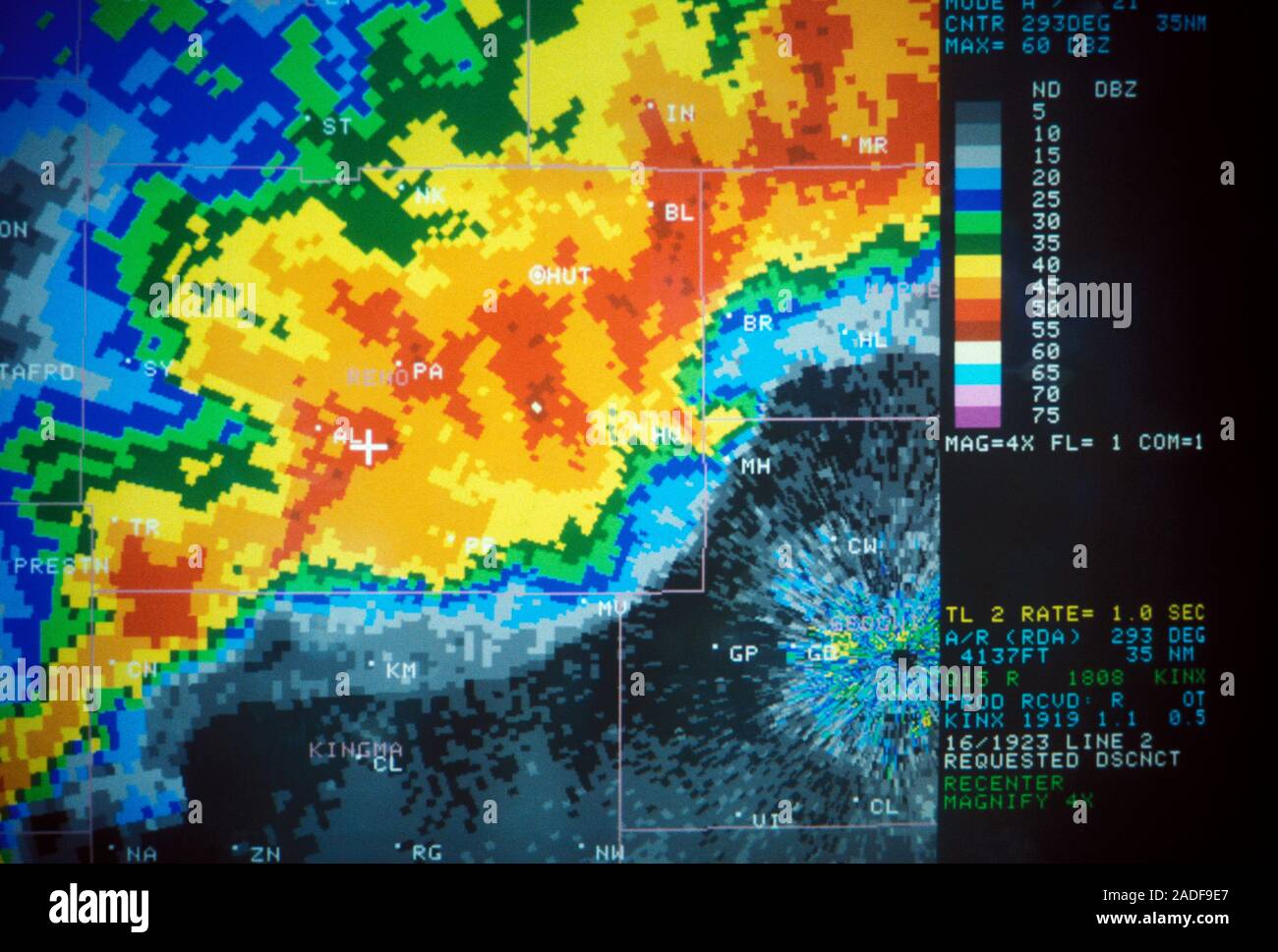 Radar image of a storm. Computer screen showing the output from a ...