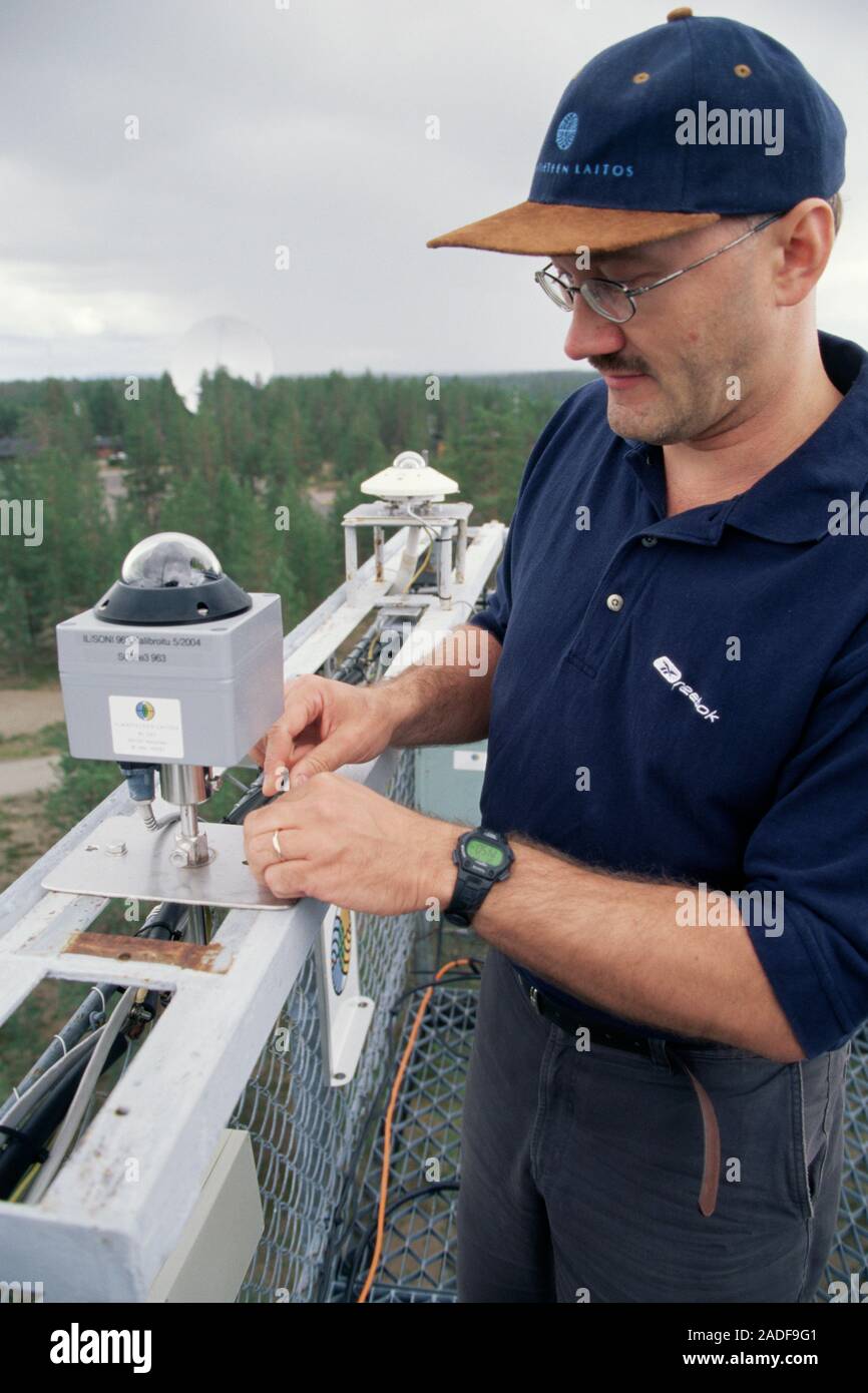 Sunshine detector. Meteorologist adjusting a radiation detector mounted ...