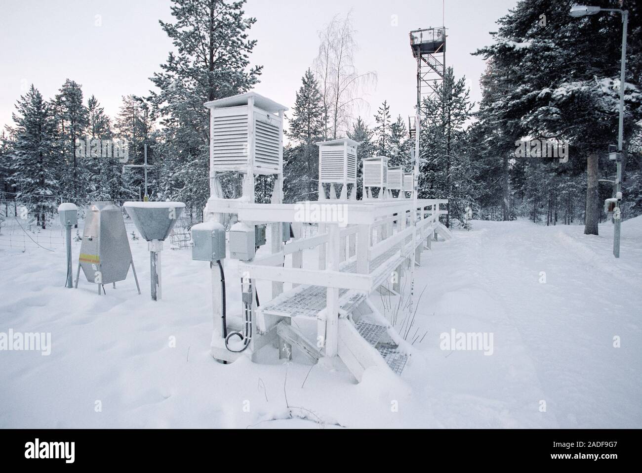 Meteorological measuring station. Row of Stevenson screens containing ...