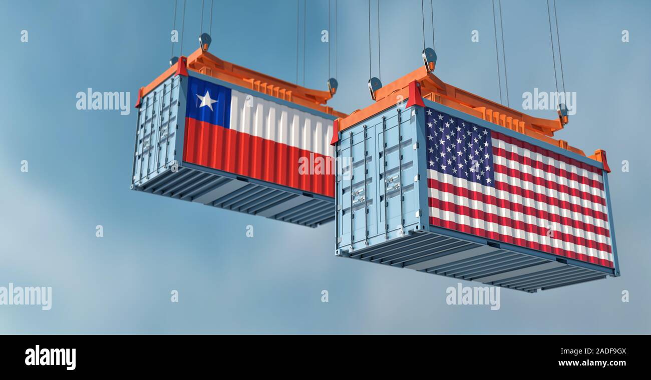 Two freight container with Chile and USA flag. 3D Rendering Stock Photo ...