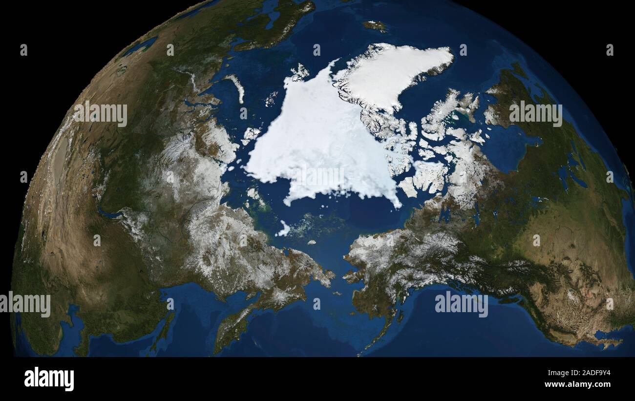 Arctic sea ice, September 2008. This image, showing the Arctic above ...