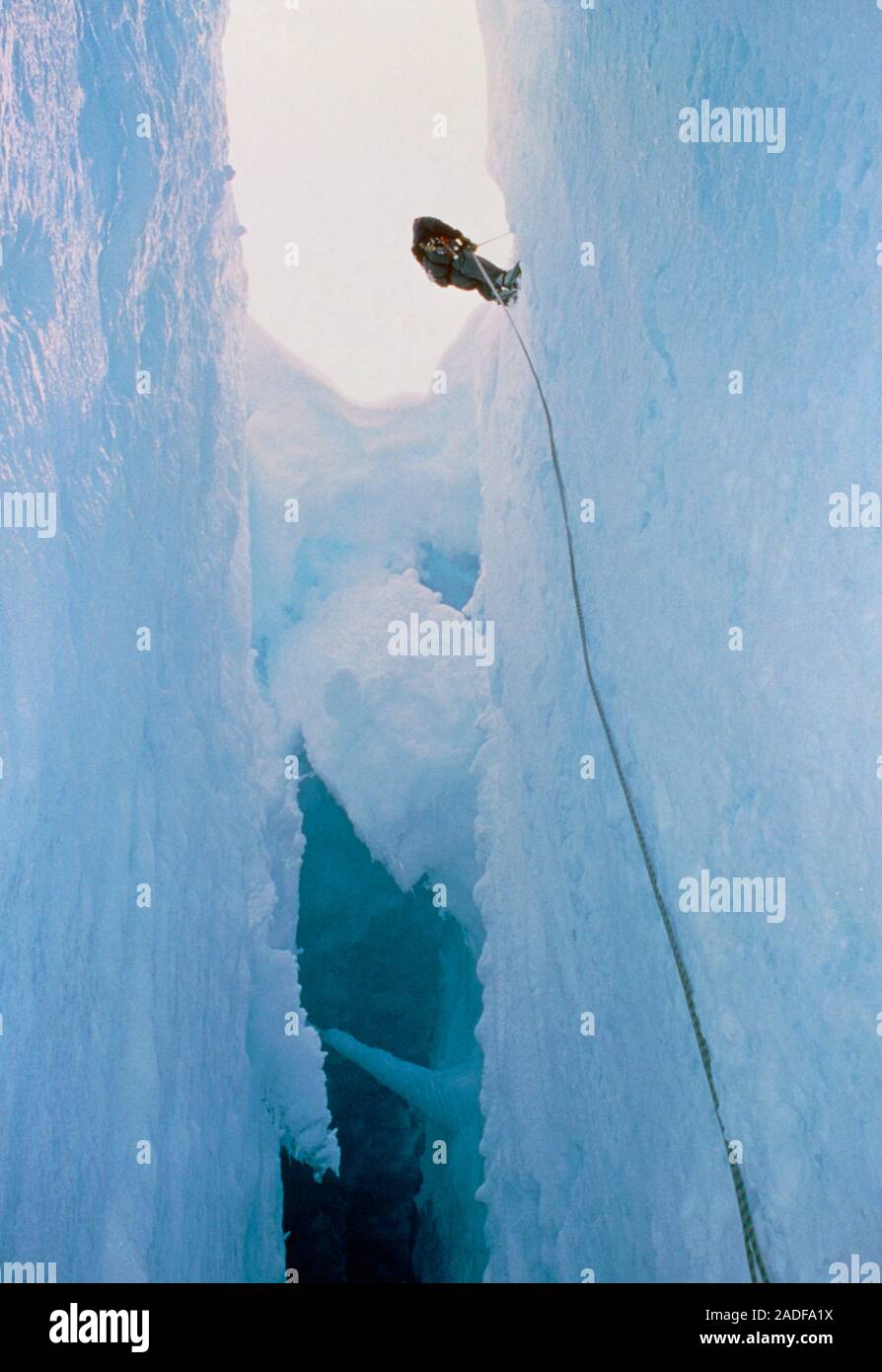 Inside a crevasse. A researcher is dwarfed by the walls of a giant ...