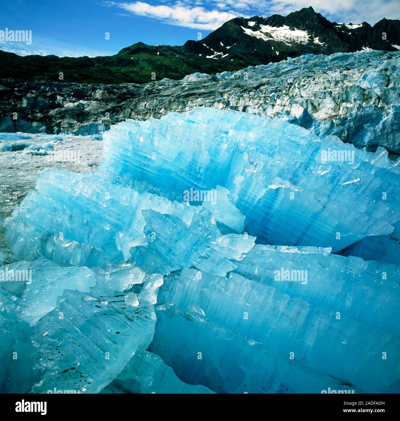 Newborn iceberg. View of a clear blue newborn iceberg (calf) in the sea ...