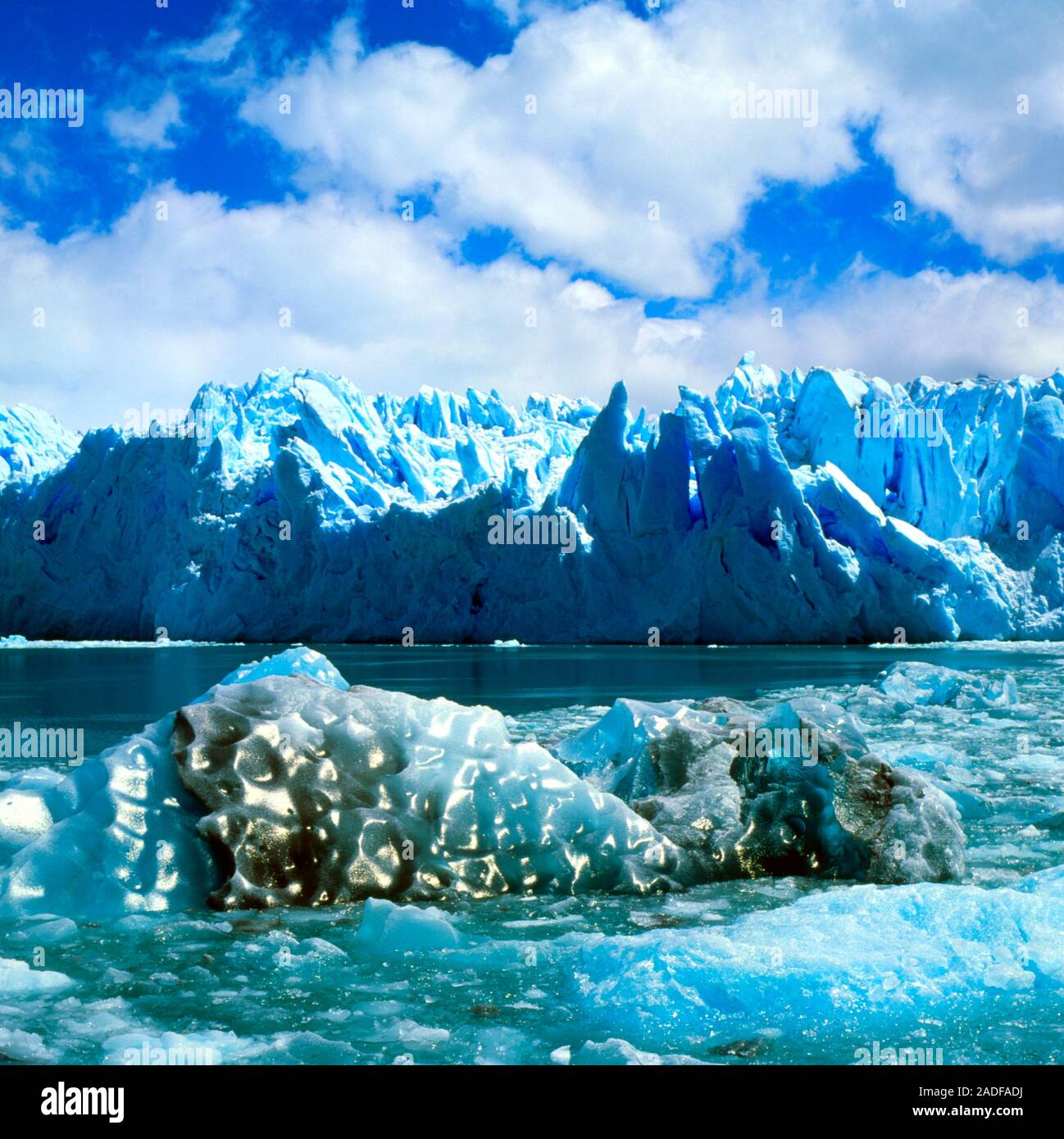 Dirty iceberg. View of an iceberg in the sea by the terminal wall of a ...