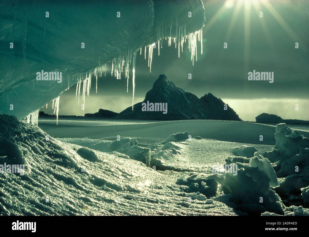 Iceberg framed by icicles shining in the sunlight. Icebergs are ...