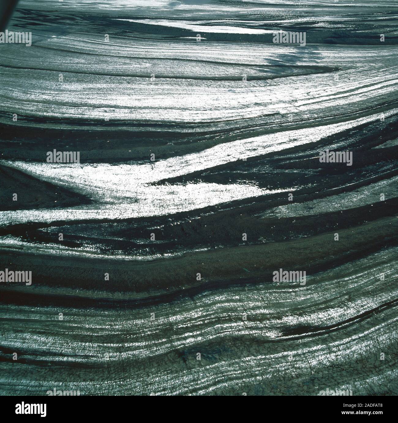 Glacial moraines. Aerial view of zigzag folding of a moraine on a ...