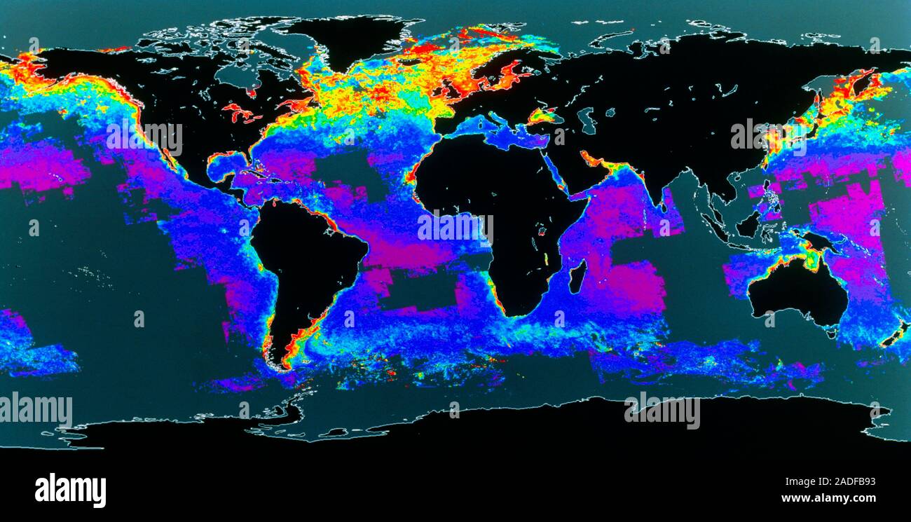 False-colour satellite image of the world's oceans, showing the ...