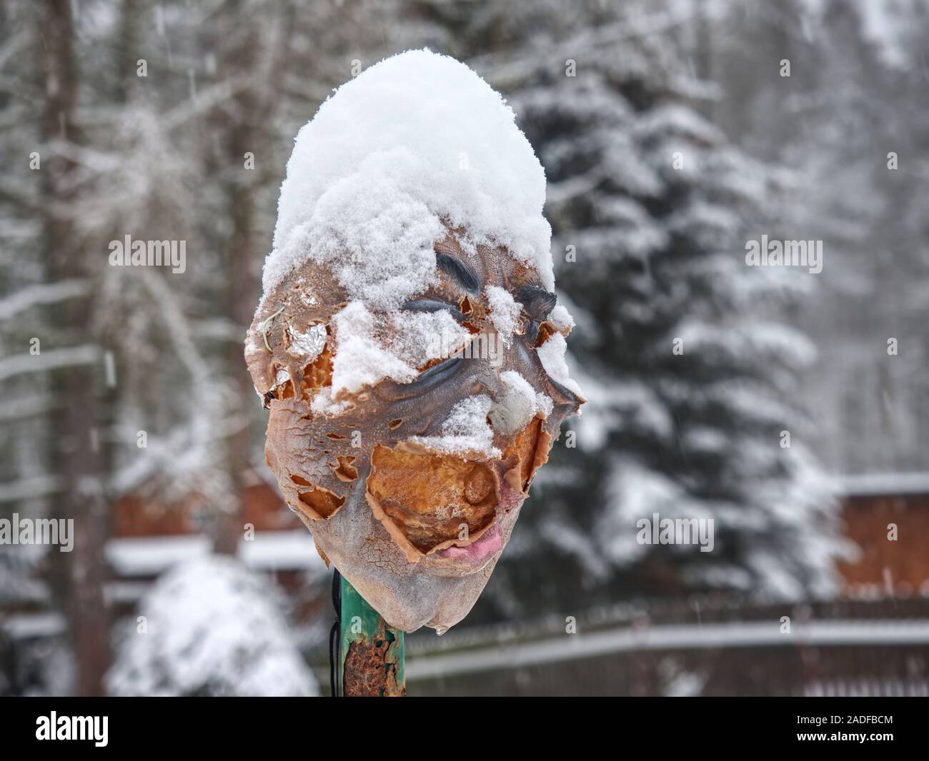 Vodoo scary mask. Inhuman head of guardian of a haunted house. Funny ...