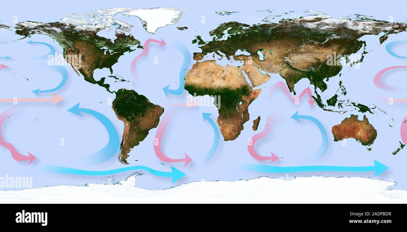 Global ocean currents. Computer artwork showing surface ocean currents ...