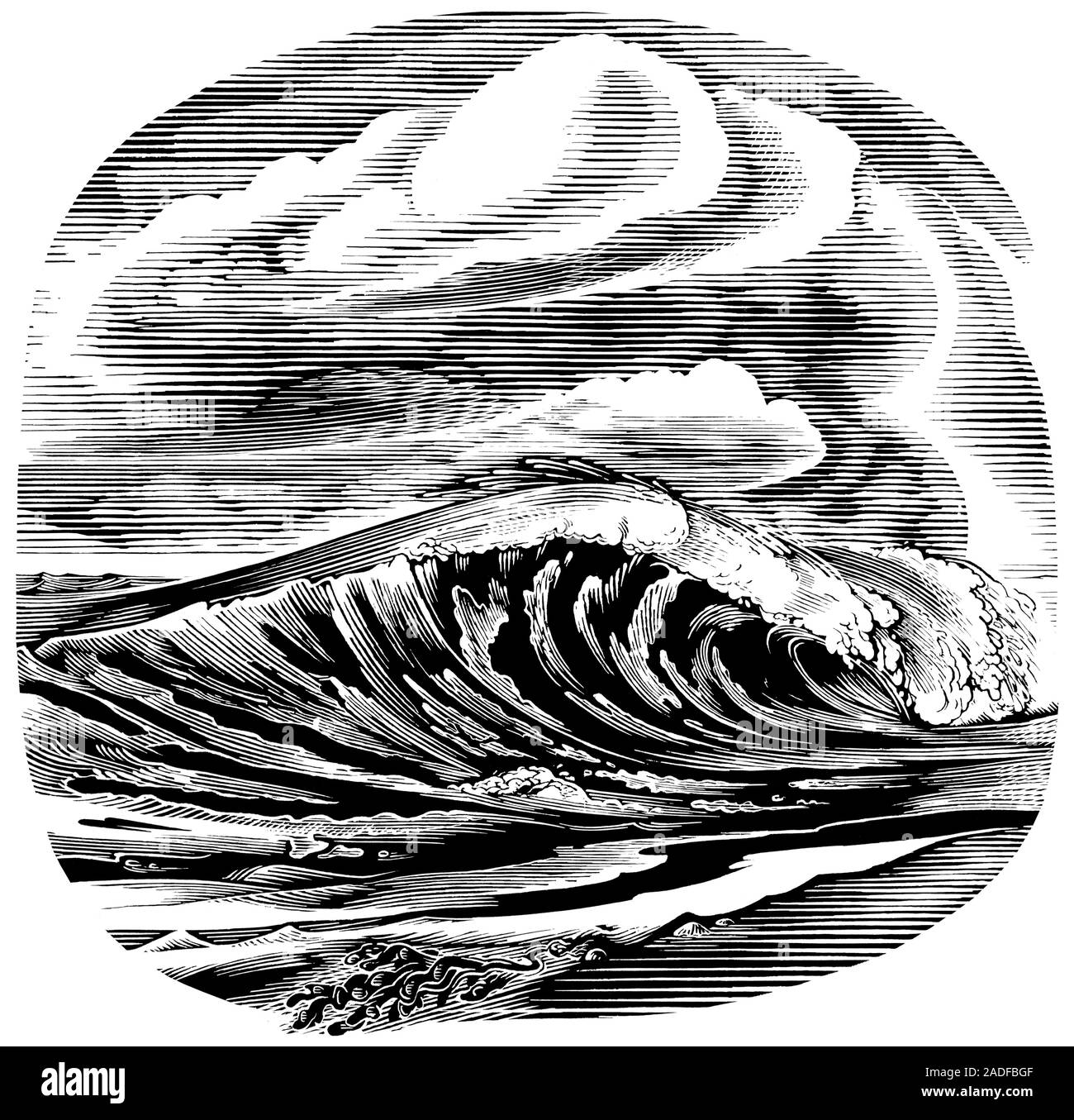 Wave breaking. Engraving depicting a wave breaking on a shore Stock ...