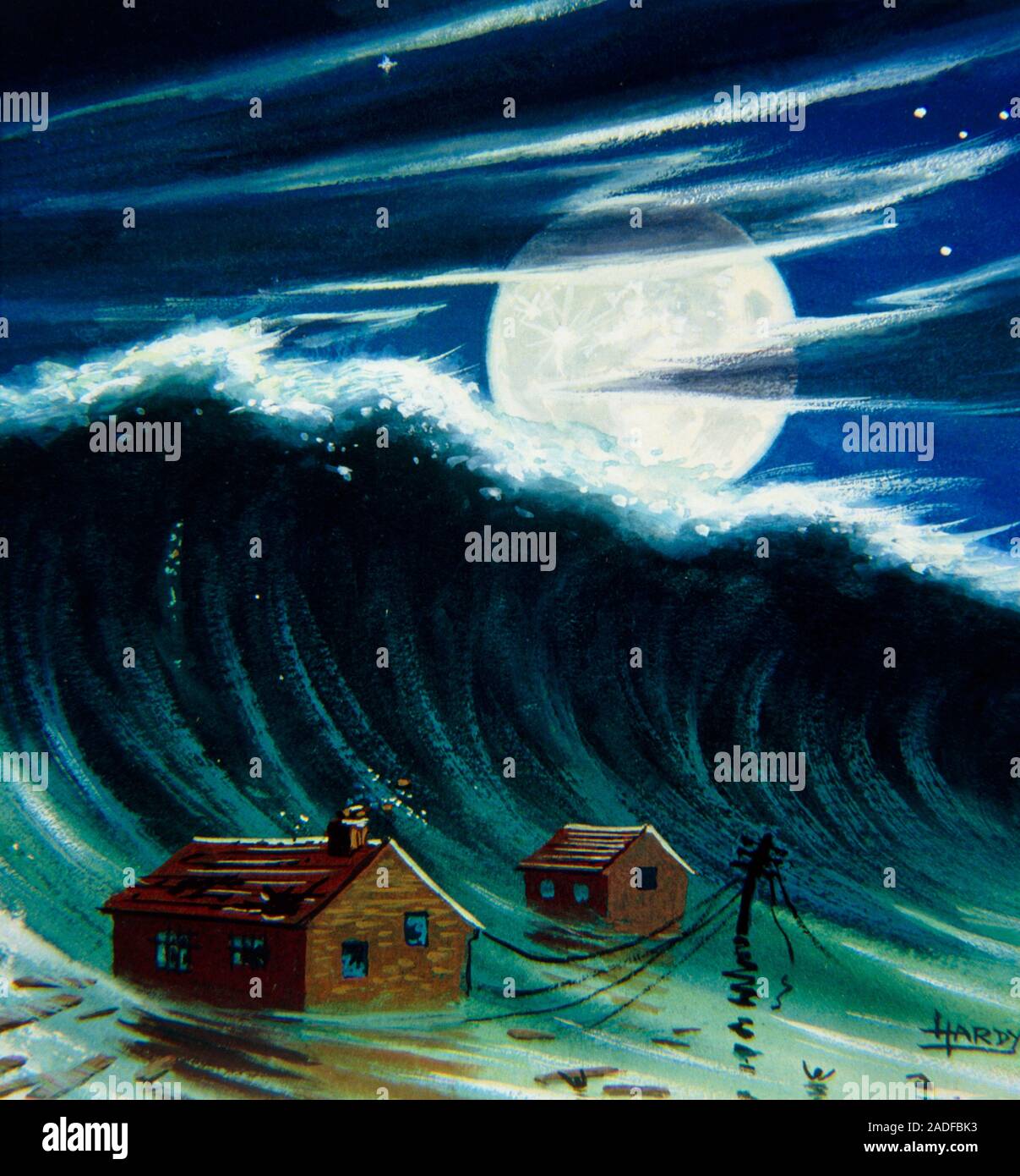 Tsunami. Artwork of a tsunami about to swamp some buildings and ...