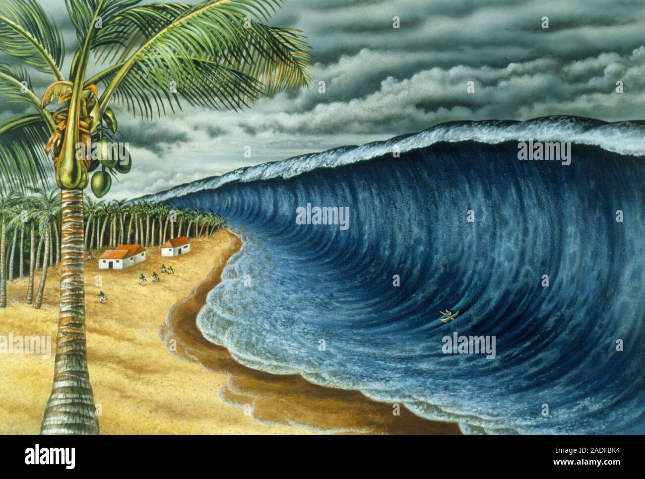 Tsunami. Artwork of a giant sea wave (tsunami) caused by the explosion ...