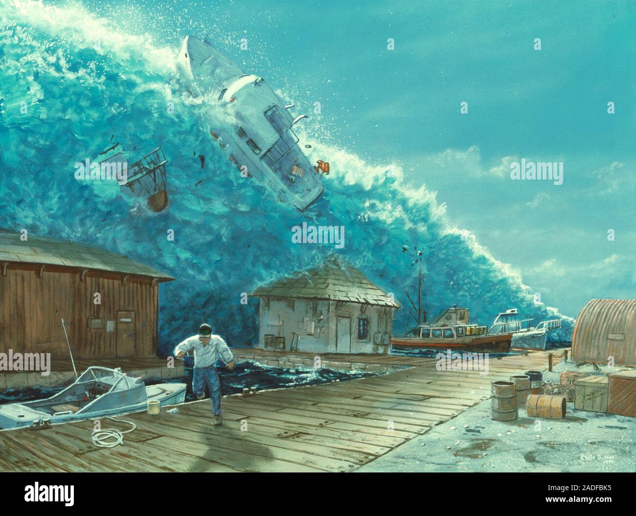 Tsunami. Artwork of a tsunami as it destroys boats in a small harbour ...
