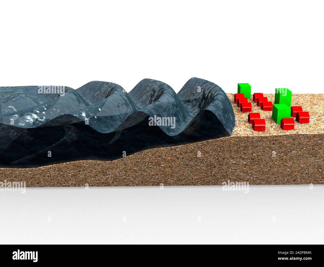 Tsunami approaching shore, computer model. The model shows the ...