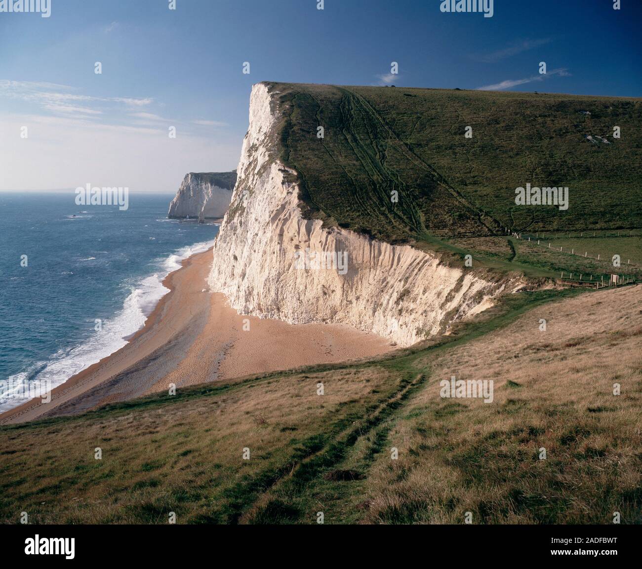 Chalk cliffs formed by coastal erosion. Chalk is a rock that is ...