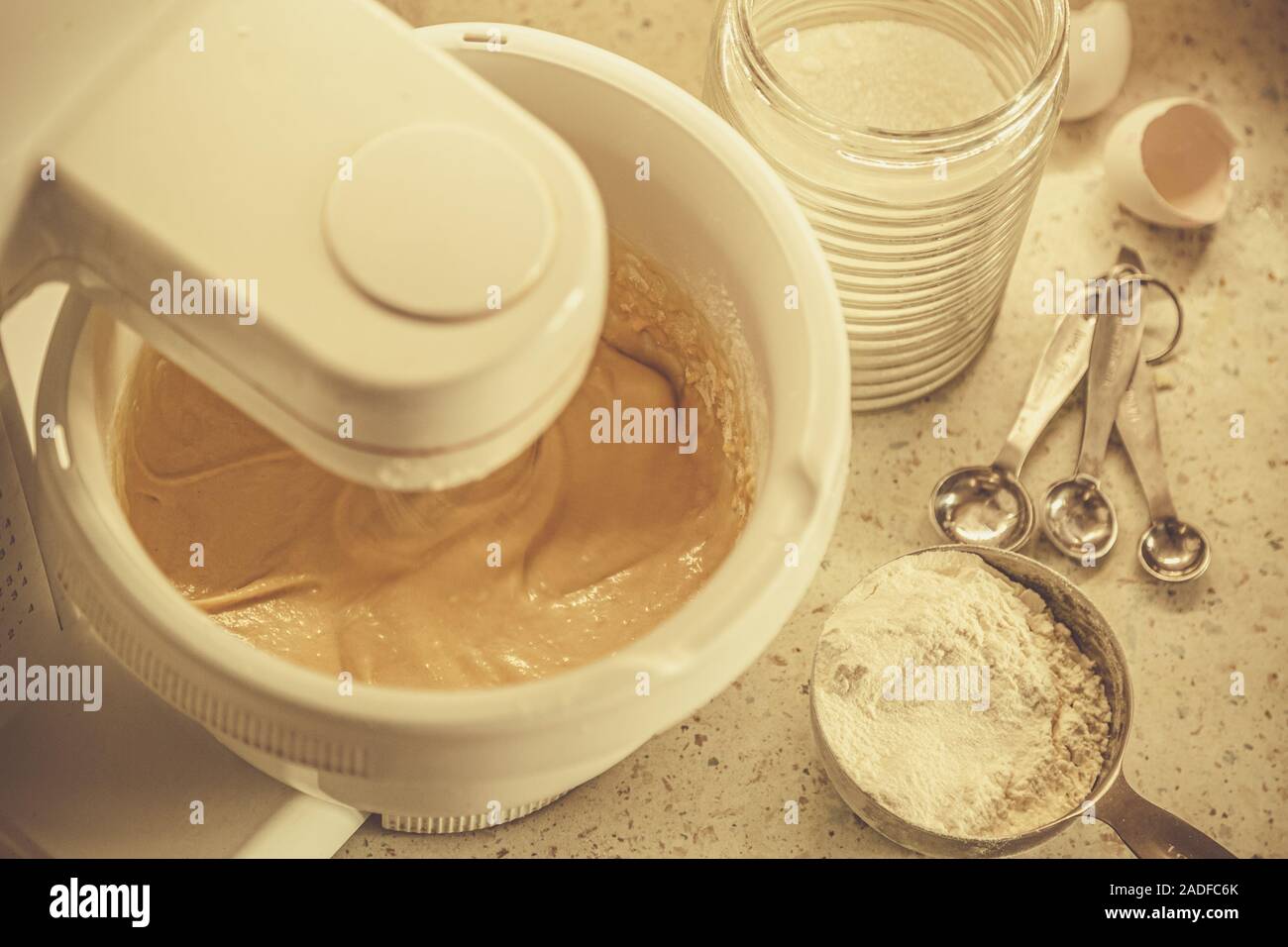 Baking concept - batter in mixer and ingredients Stock Photo - Alamy