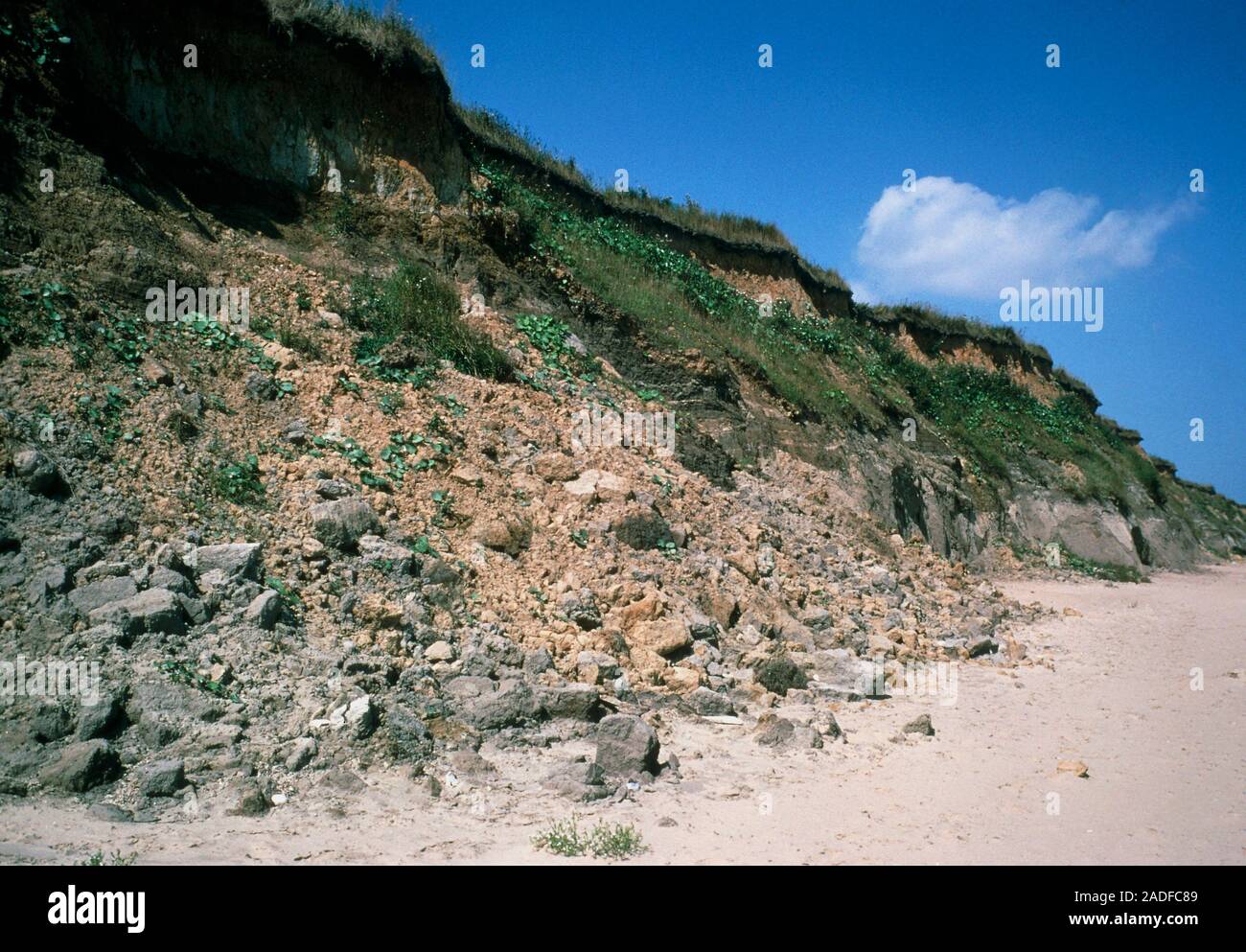 Collapsed cliff. Cliff by a beach which has collapsed due to ...