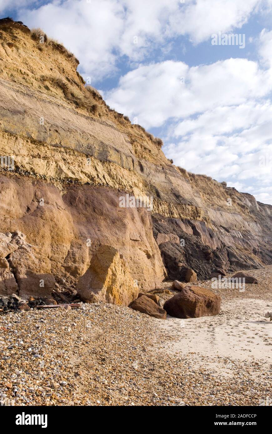 Rock fall at Hengistbury Head in Dorset, UK. The headland is composed ...