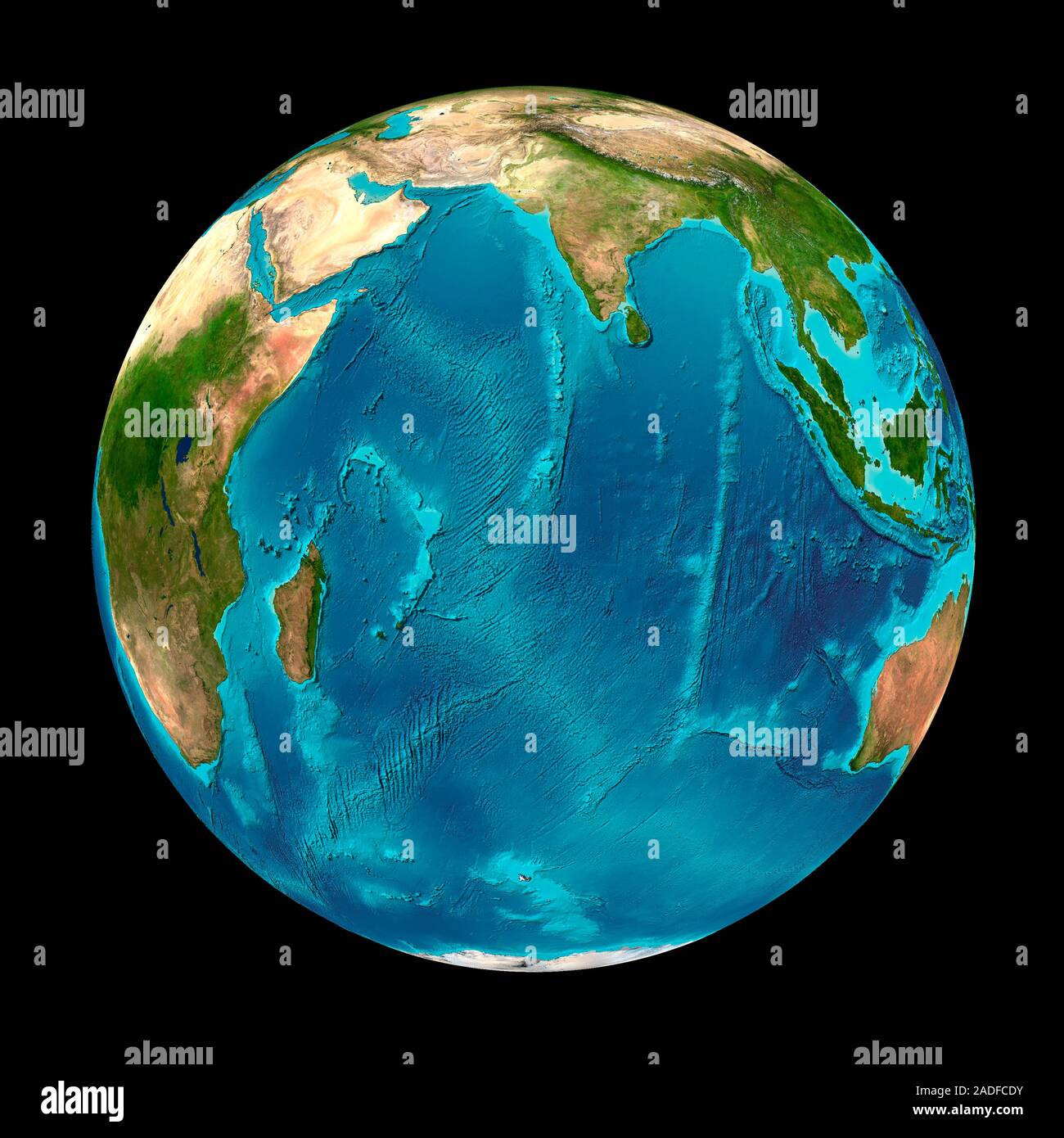 Indian Ocean, seafloor map. North is at top. Africa is at left, with ...
