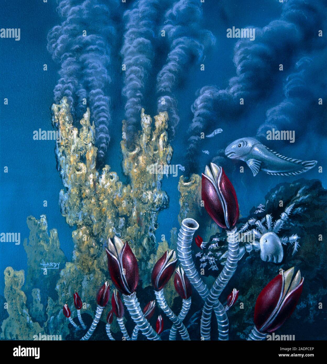 Black smoker vent. Artwork of a hydrothermal vent on the ocean floor ...