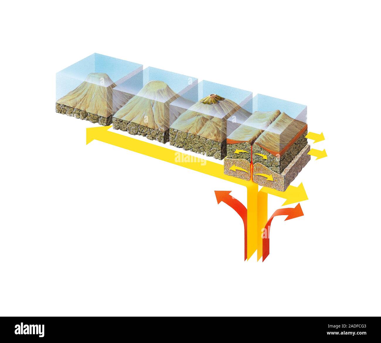 Seafloor spreading, artwork. Seafloors spread when magma rises up at ...