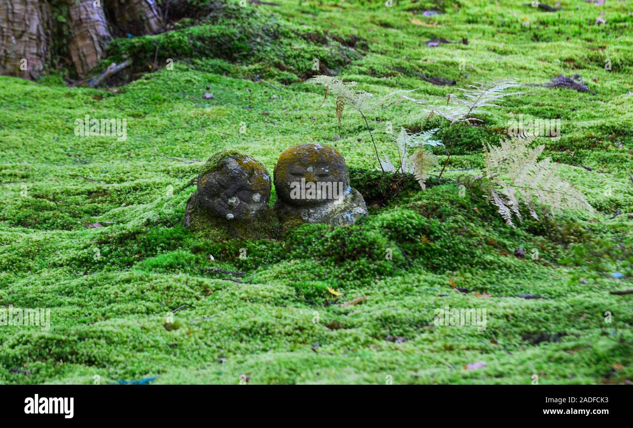 Stone statues of smiling Jizo Bosatsu with green moss at zen garden in ...