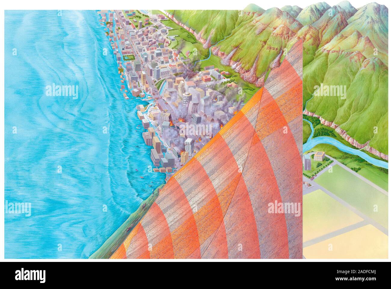 Earthquake, before and after. Image 2 of 2. Artwork of an earthquake ...