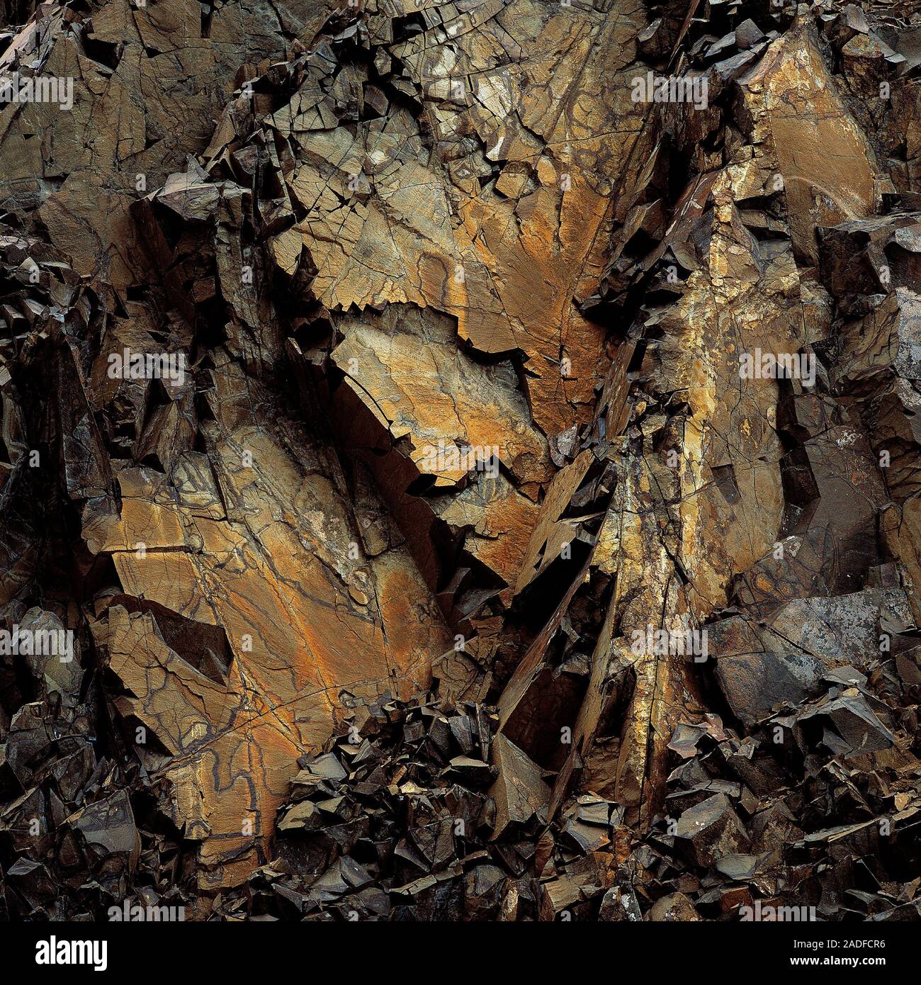 Fractured basalt. This rock formed from a cooling lava flow. It has ...