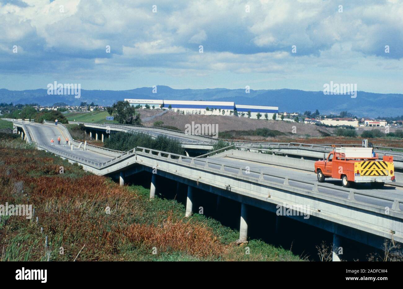Earthquake damage. Collapsed road bridges after an earthquake ...