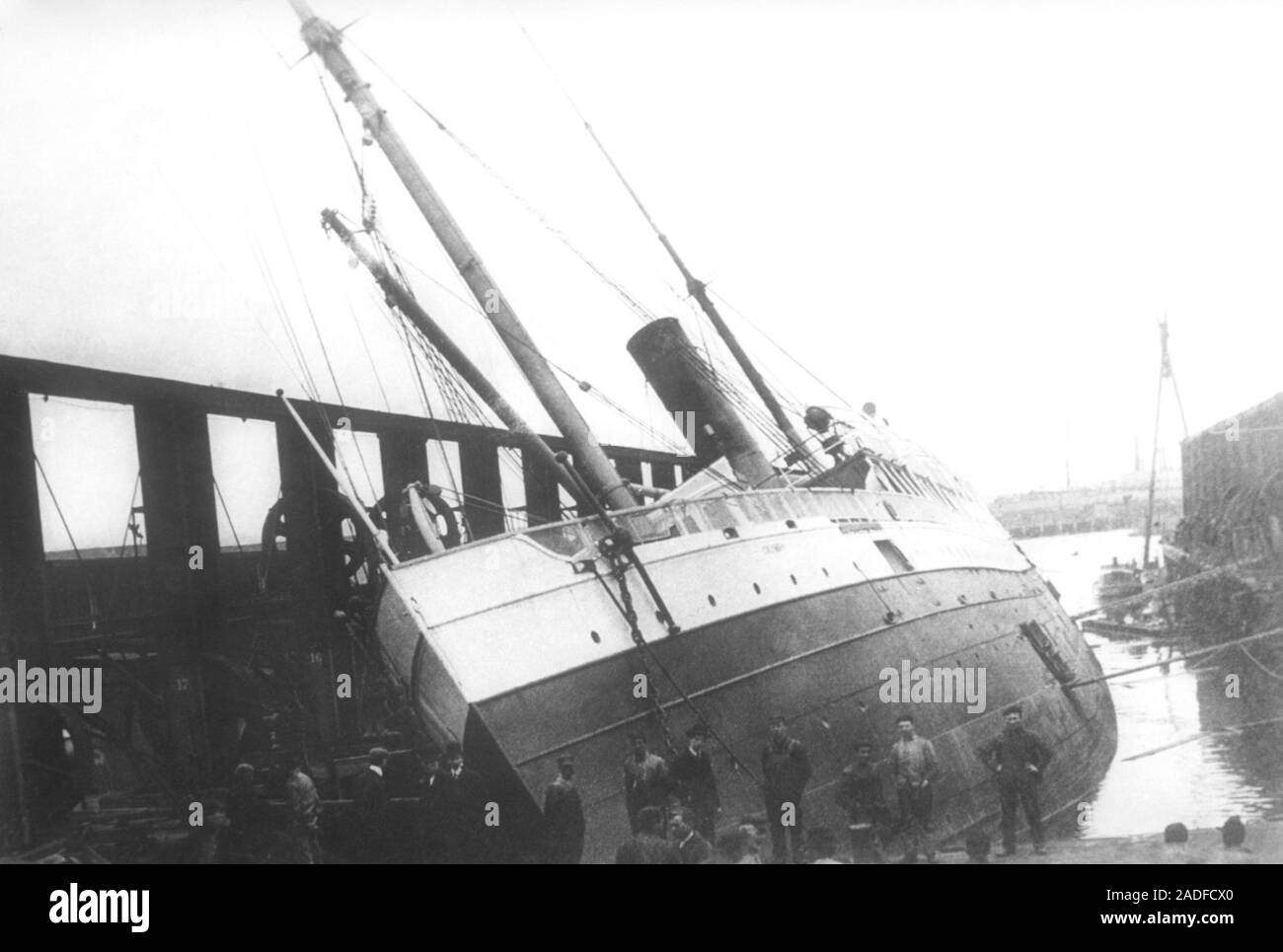 1906 San Francisco earthquake. Wreck of the S.S. Columbia at Union Iron ...