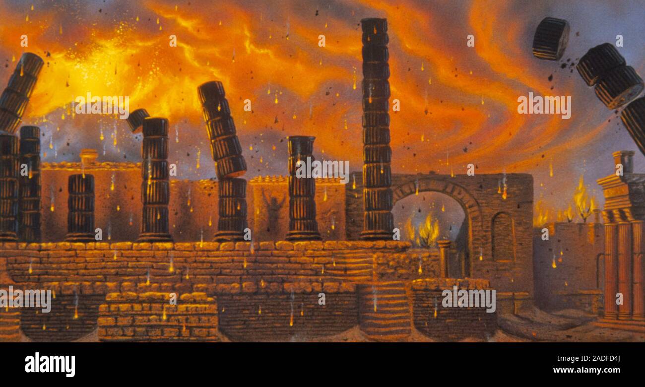 Illustration depicting the destruction of Pompeii. The volcano Vesuvius ...