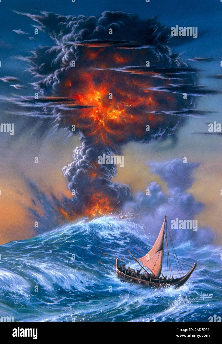 Artwork of the giant volcanic eruption between the islands of Epi and ...