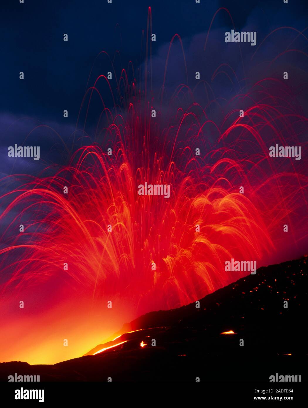 Lava flow. Explosion caused as a flow of molten rock (lava) enters the ...