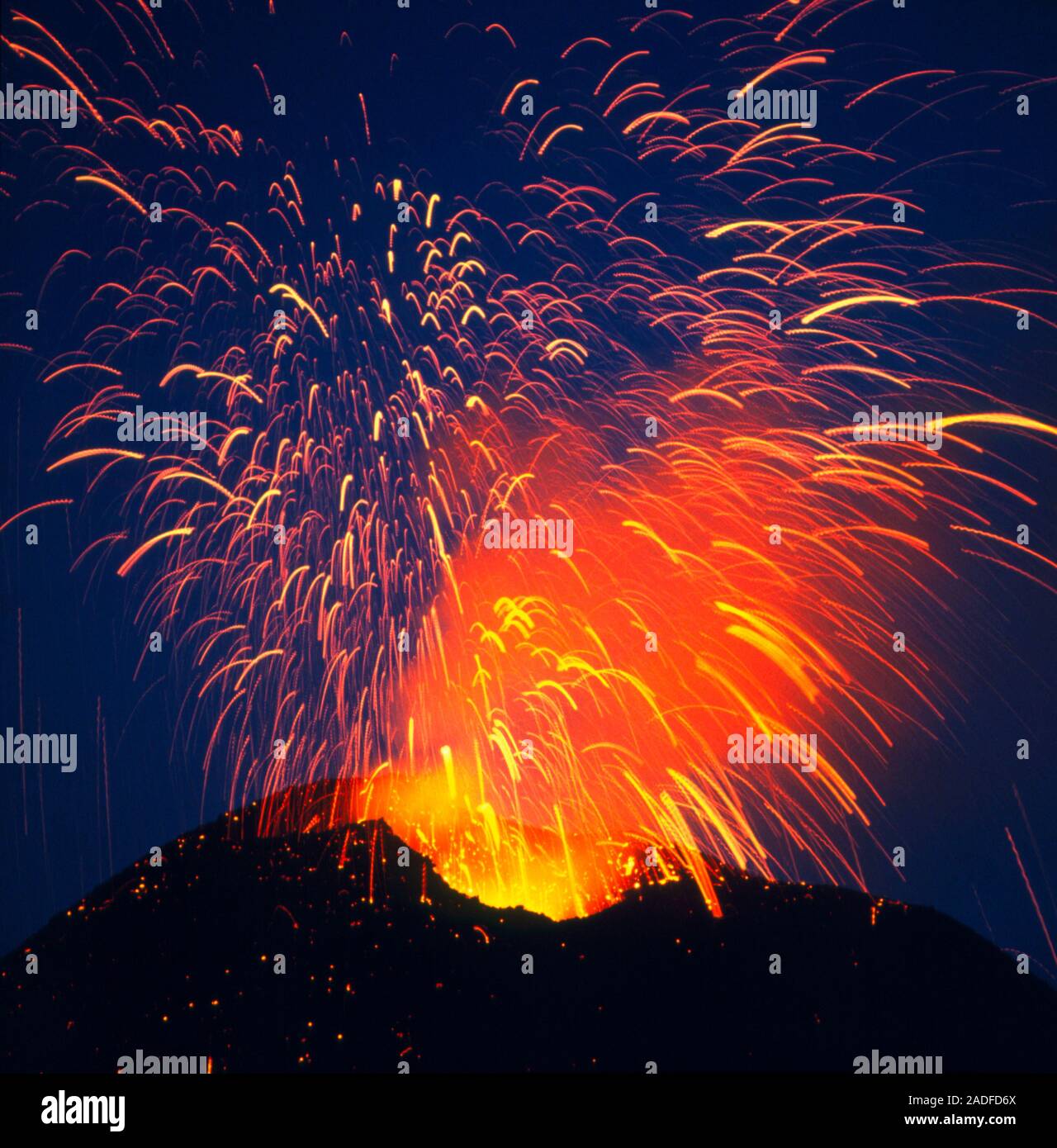Mount Etna erupting. View of a night eruption of the volcano Mount Etna ...
