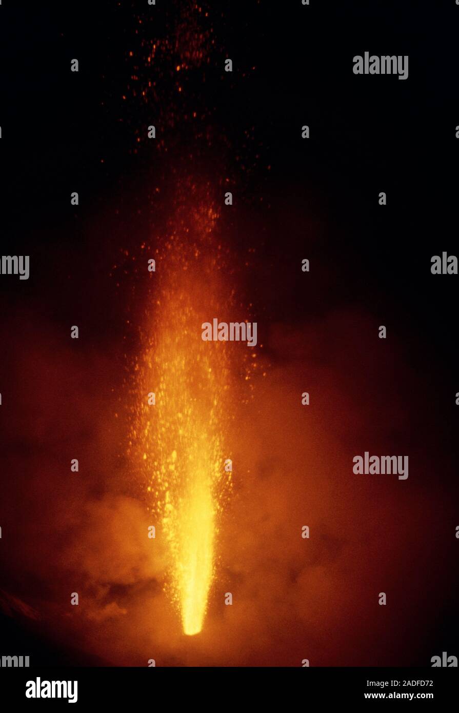 Stromboli volcano erupting. Night view of lava being thrown from the ...